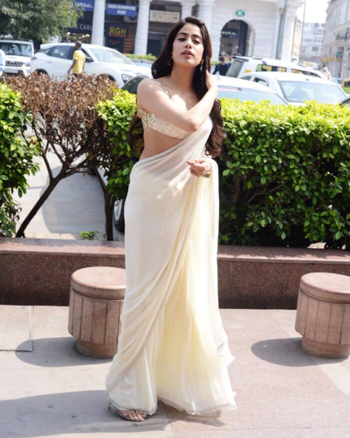 Janhvi Kapoor wears a sheer white saree while promoting Roohi