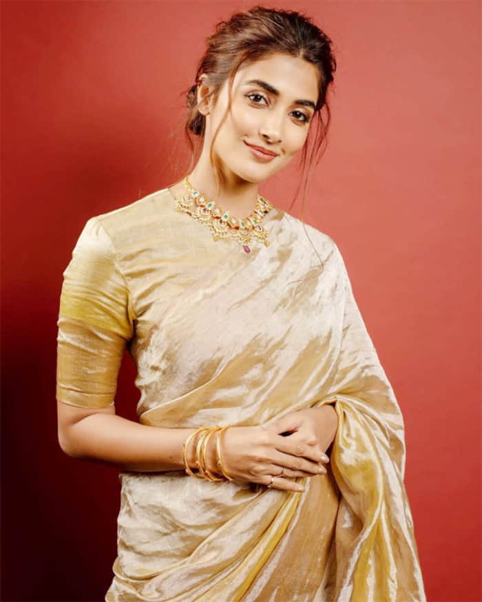 Pooja Hegde Smiles, Sparkles, And Shines in Golden Saree - See ...