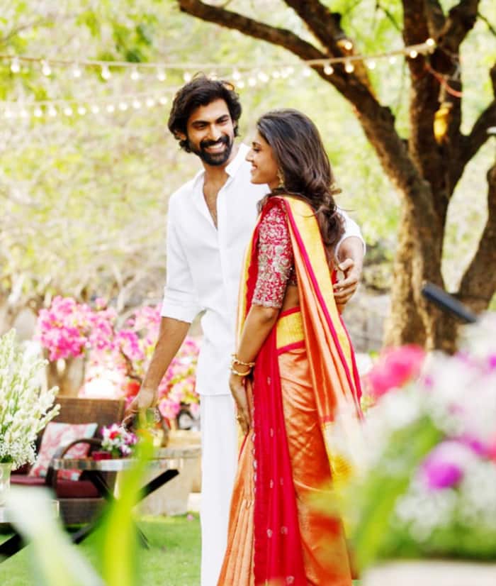 Miheeka Bajaj looks beautiful in a tri colour saree for her Roka