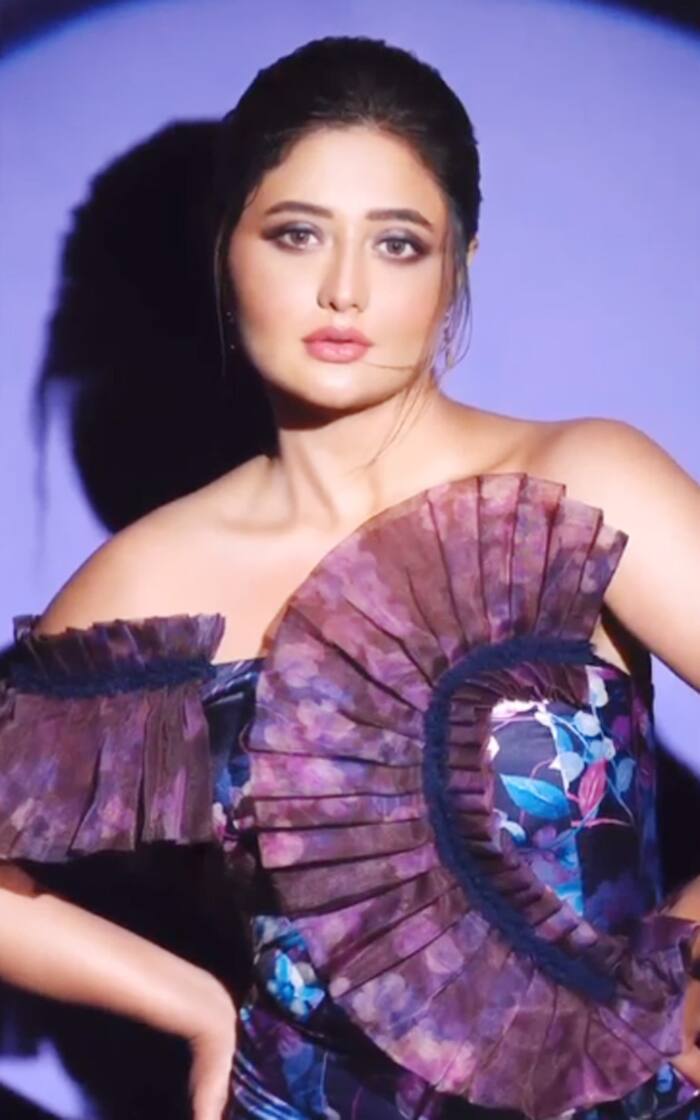 Rashami Desai in Sizzling Hot Purple Floral Off-Shoulder Dress – See ...