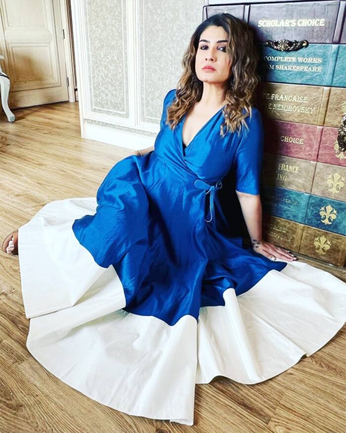Raveena Tandon in Satin Blue Long Dress is The Definition of Simplicity ...