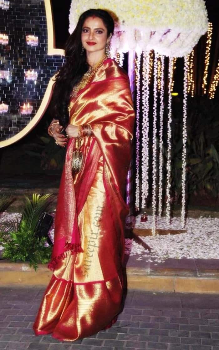 Rekha in kanjeevaram silk saree at Riddhi Tejas Malhotra's wedding reception