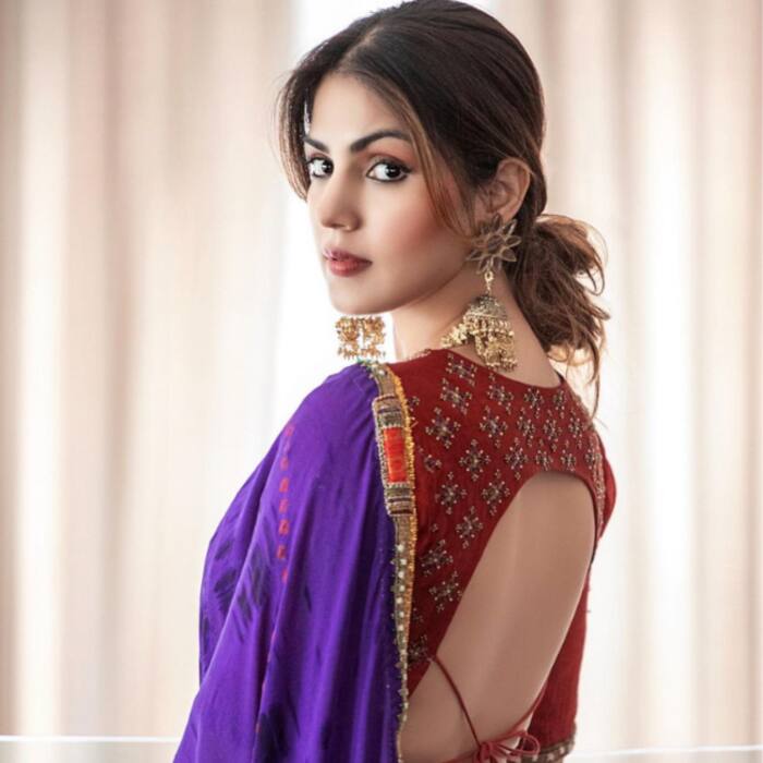 Rhea Chakraborty looks ethereal in Temple Jewellery Earrings with Tassels