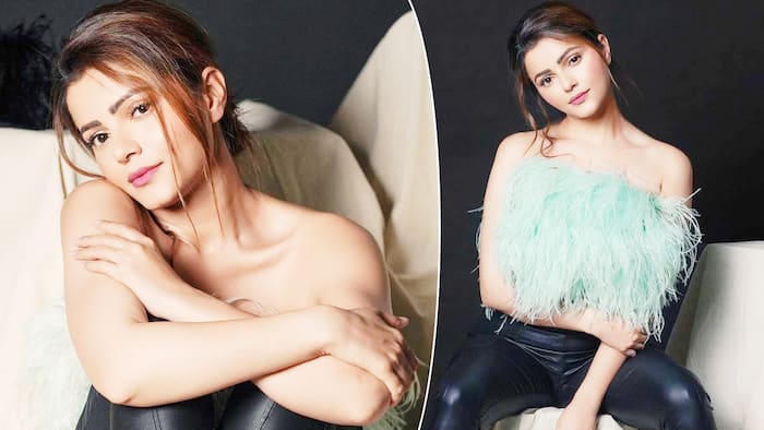 Rubina Dilaik Sizzles in Hot Feather Tube Top And Leather Jeans l PHOTOS