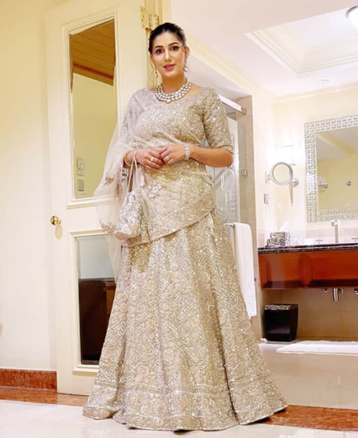 Sapna Choudhary is Elegant And Gorgeous in a Beige Colour Lehenga