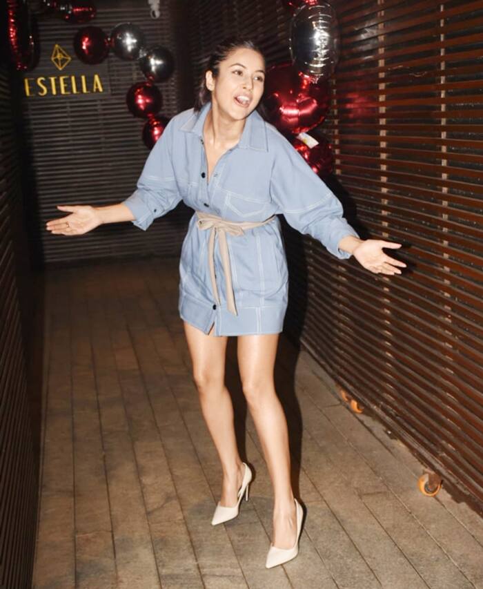 Shehnaaz Gill Is Party Ready In A Basic Blue Denim Dress With Beige ...