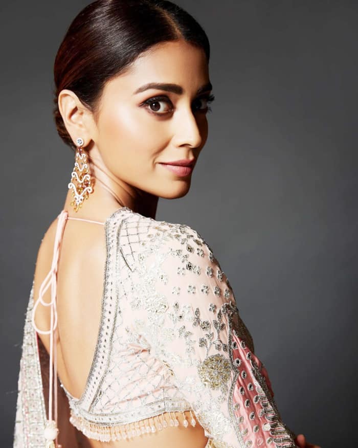 Shriya Saran Looks Beautiful in Peachy Pink Saree With Busty Blouse ...