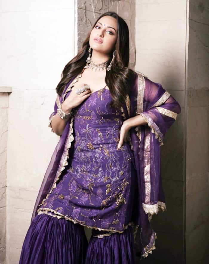 Sonakshi Sinha Making Style Statement in Purple Sharara Suit