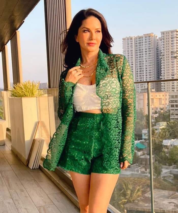 Sunny Leone Stuns in Hot White Crop-Top And Green Skirt l PHOTOS