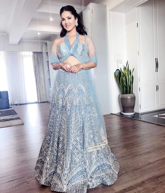 Sunny Leone Stuns in Hot Ice-Blue Blouse And Matching Lehenga, Pics