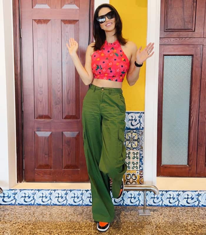 Sunny Leone Looks Vibrant in Pink Crop Top And Green Trousers - See Hot ...