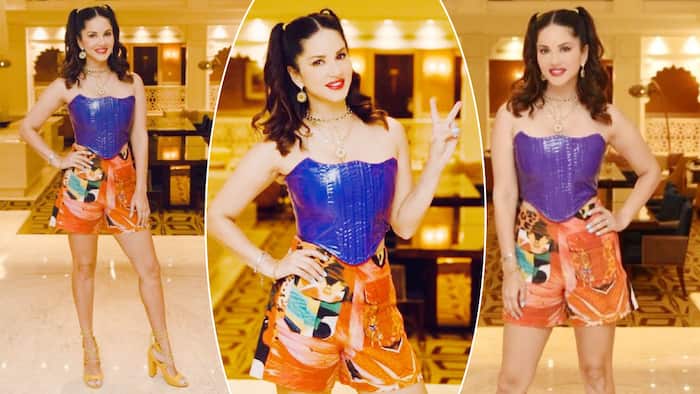 Sunny Leone Sizzles in Hot Glittery Blue Cro-Top And Multi-Coloured ...