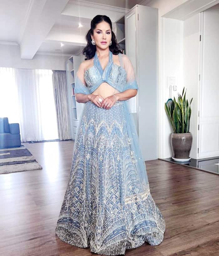 Sunny Leone Stuns in Hot Ice-Blue Blouse And Matching Lehenga, Pics
