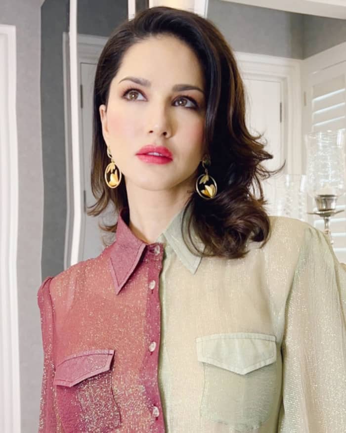 Sunny Leone Oozes Oomph in Colour Block Shimmer Shirt For 8K - See HOT ...