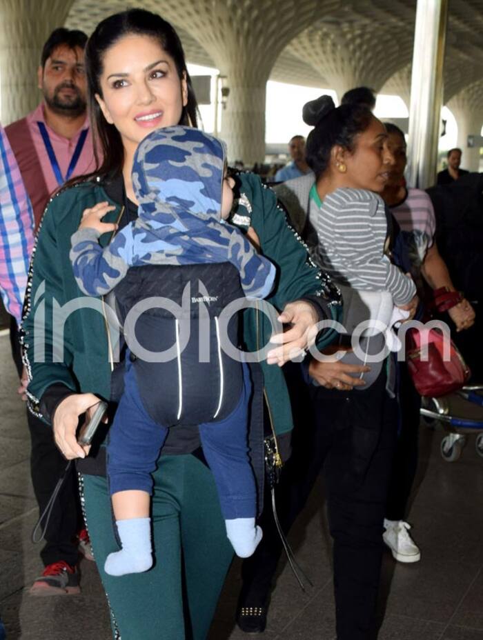 Sunny Leone Clicked With Her Cute Babies at Airport