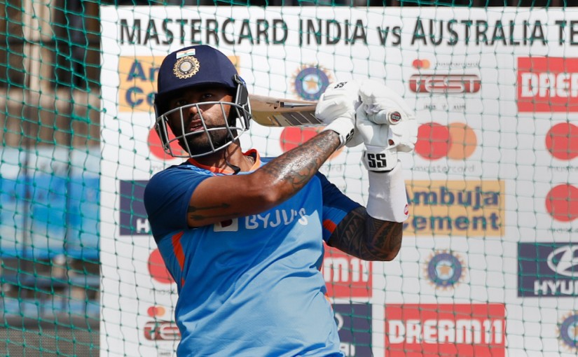 Suryakumar Yadav bats at the bets during India's training session in Indore.