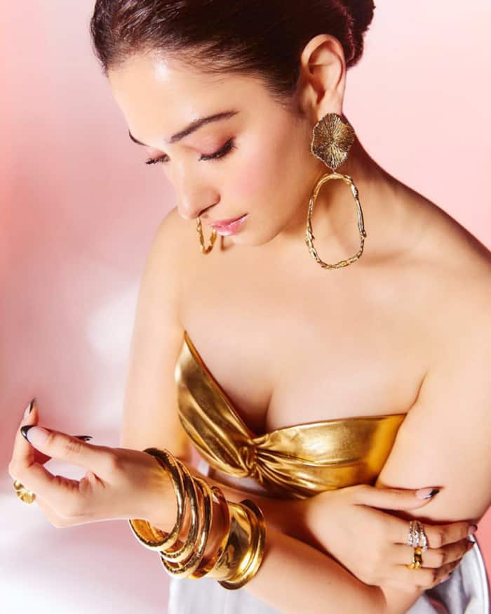 Tamannaah Bhatia Dresses to Kill in Sexy Metallic Off-Shoulder Gown With Corset Details- See HOT ...