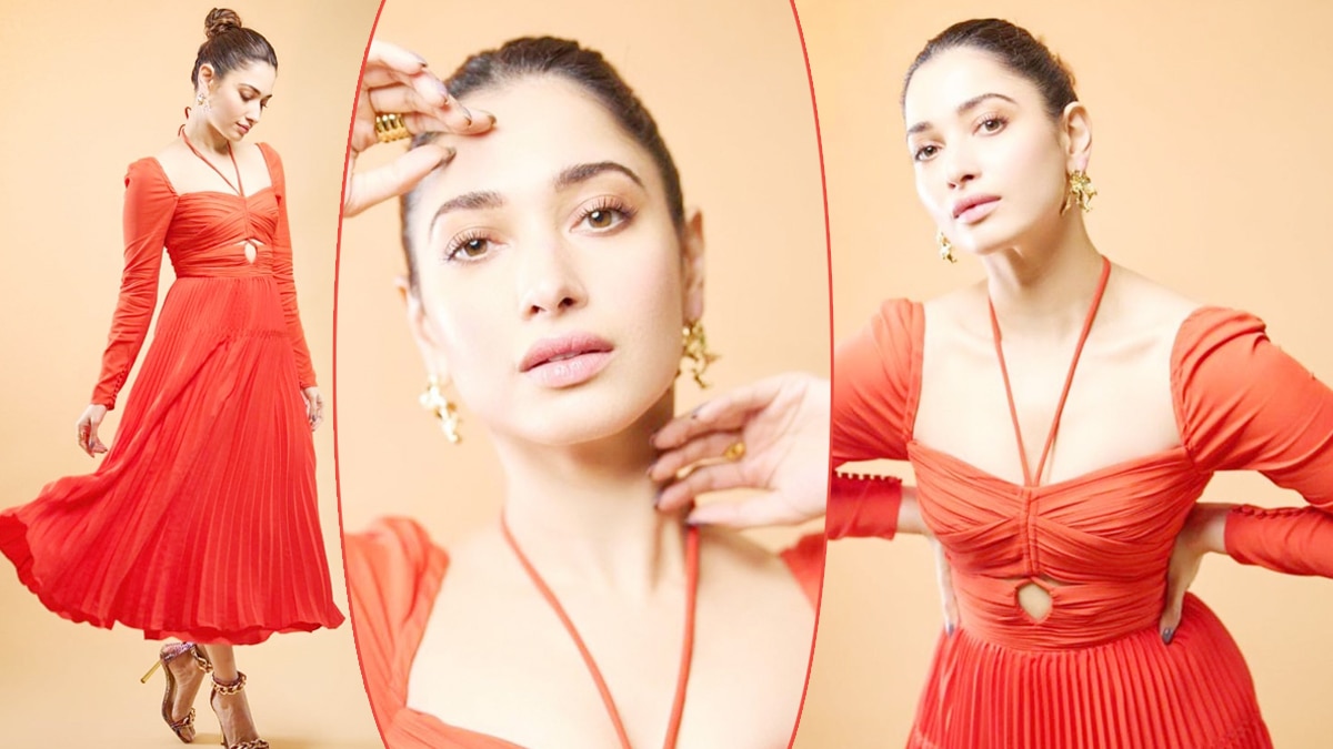 Tamannaah Bhatia Spice Things up in Candy Orange Dress With Sweetheart ...