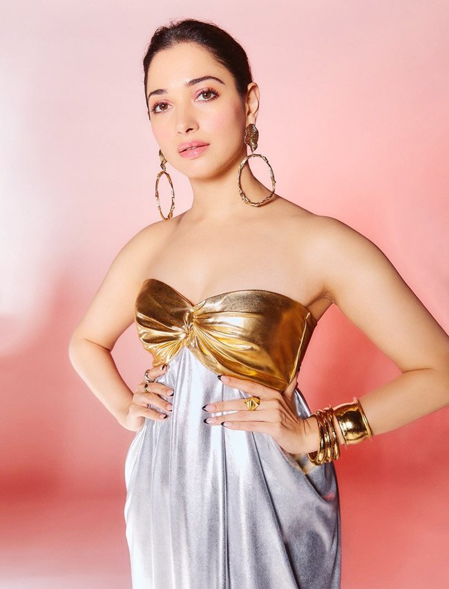 Tamannaah Bhatia Dresses to Kill in Sexy Metallic Off-Shoulder Gown With Corset Details- See HOT ...