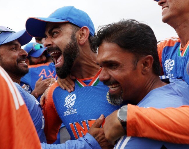 The Indian players celebrate after India's T20 World Cup 2024 win.