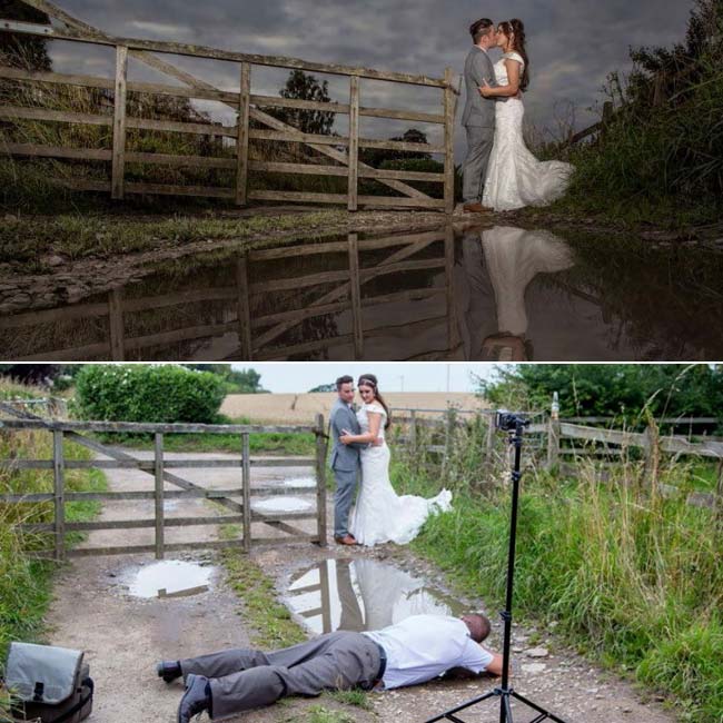 Two pictures revealing the reality behind the pics of wedding shoots