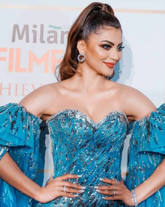 Urvashi Rautela Increases The Hotness Quotient in Blue Thigh High Slit ...
